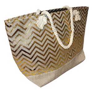 Large Women Metallic Print Tote Beach Bag with Zipper Top - Silver or Gold - Chevron or Stripe Pattern - Can be Personalized with Initial, Monogram or Name (Gold Chevron)