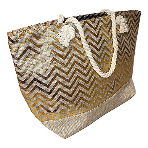 Large Women Metallic Print Tote Beach Bag with Zipper Top - Silver or Gold - Chevron or Stripe Pattern - Can be Personalized with Initial, Monogram or Name (Gold Chevron)