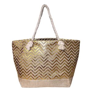 Large Women Metallic Print Tote Beach Bag with Zipper Top - Silver or Gold - Chevron or Stripe Pattern - Can be Personalized with Initial, Monogram or Name (Gold Chevron)