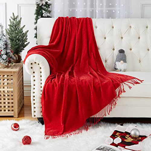 CAROMIO Christmas Red Throw Blanket for Couch, Soft Chenille Throw Blankets with Decoration Tassel, Velvety Texture Knitted Throw for Home Couch Sofa Chair Bed (Christmas Red, 50 x 60 Inches)