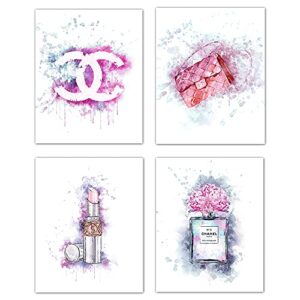 fashion glam wall art decor prints – chanel pink wall decor for girls bedroom makeup room – glam decor  wall posters – perfume handbag makeup art – glam fashion wall art prints – set of 4 (8×10) – unframed