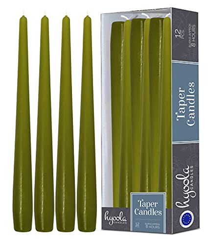 Hyoola Tall Taper Candles - 10 Inch Olive Green Unscented Dripless Taper Candles - 8 Hour Burn Time - 12 Pack