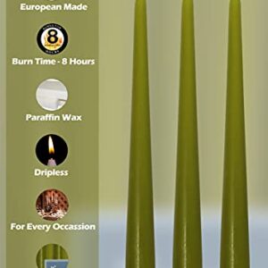 Hyoola Tall Taper Candles - 10 Inch Olive Green Unscented Dripless Taper Candles - 8 Hour Burn Time - 12 Pack