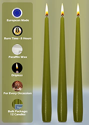 Hyoola Tall Taper Candles - 10 Inch Olive Green Unscented Dripless Taper Candles - 8 Hour Burn Time - 12 Pack