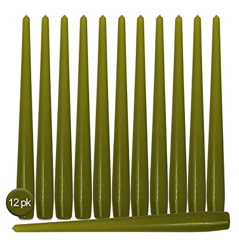 Hyoola Tall Taper Candles - 10 Inch Olive Green Unscented Dripless Taper Candles - 8 Hour Burn Time - 12 Pack