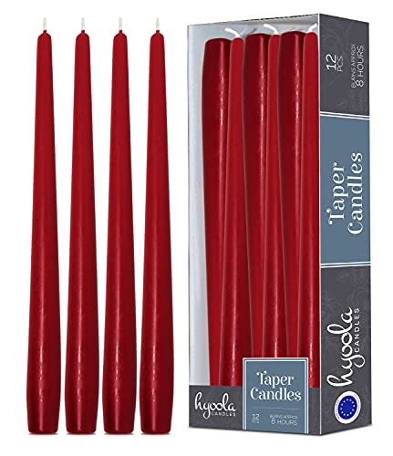 Hyoola Tall Taper Candles - 10 Inch Cherry Red Unscented Dripless Taper Candles - 8 Hour Burn Time - 12 Pack