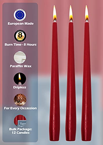 Hyoola Tall Taper Candles - 10 Inch Cherry Red Unscented Dripless Taper Candles - 8 Hour Burn Time - 12 Pack