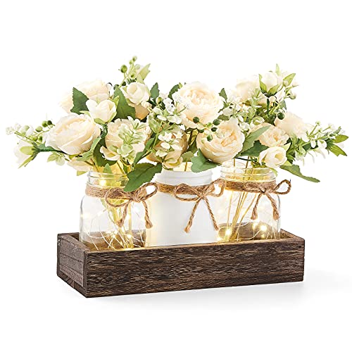 Mkono Mason Jar Lights Centerpiece Table Decorations for Dining Room Farmhouse Coffee Table Decor Wood Tray with 3 Jars Flowers Fall Table Centerpieces Decor for Kitchen Living Dining Room, White