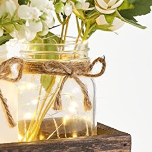 Mkono Mason Jar Lights Centerpiece Table Decorations for Dining Room Farmhouse Coffee Table Decor Wood Tray with 3 Jars Flowers Fall Table Centerpieces Decor for Kitchen Living Dining Room, White