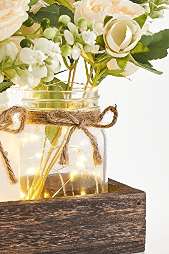 Mkono Mason Jar Lights Centerpiece Table Decorations for Dining Room Farmhouse Coffee Table Decor Wood Tray with 3 Jars Flowers Fall Table Centerpieces Decor for Kitchen Living Dining Room, White