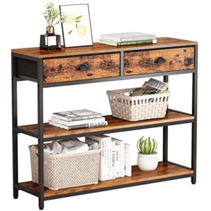 furologee console table with 2 drawers, industrial sofa table, entryway table with 3-tier storage shelves, narrow accent table metal frame for living room/entryway/hallway, rustic brown