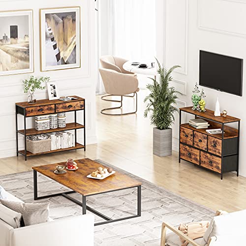 Furologee Console Table with 2 Drawers, Industrial Sofa Table, Entryway Table with 3-Tier Storage Shelves, Narrow Accent Table Metal Frame for Living Room/Entryway/Hallway, Rustic Brown