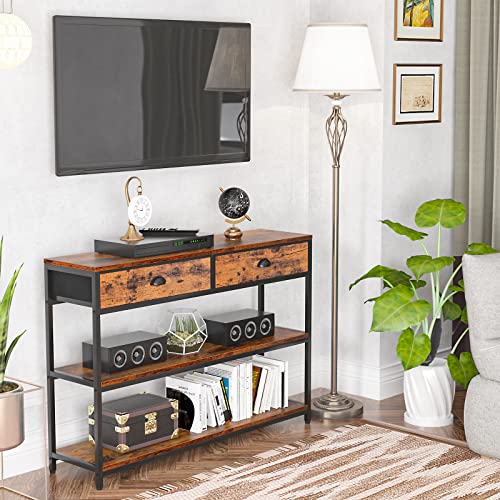 Furologee Console Table with 2 Drawers, Industrial Sofa Table, Entryway Table with 3-Tier Storage Shelves, Narrow Accent Table Metal Frame for Living Room/Entryway/Hallway, Rustic Brown