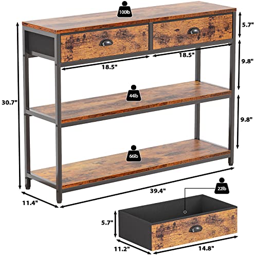 Furologee Console Table with 2 Drawers, Industrial Sofa Table, Entryway Table with 3-Tier Storage Shelves, Narrow Accent Table Metal Frame for Living Room/Entryway/Hallway, Rustic Brown