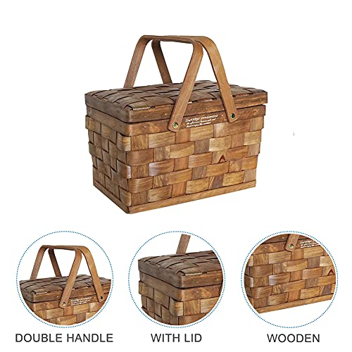 Picnic Basket with Folding Handles, Wooden Hamper Wedding Bread Display Picnic Basket Prop with Lid (Coffee)