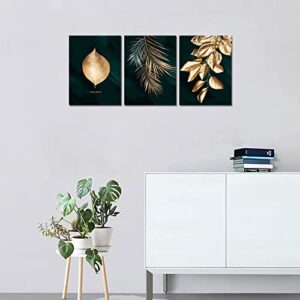 Sdmikeflax 3 Piece Modern Gold Botanical Wall Art for Bathrooms Living Room Bedroom Wall Decor Green Plant Canvas Printed Pictures, Multi Panel Framed Nature Artwork Ready to Hang, 12" x 16" x 3…