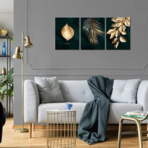 Sdmikeflax 3 Piece Modern Gold Botanical Wall Art for Bathrooms Living Room Bedroom Wall Decor Green Plant Canvas Printed Pictures, Multi Panel Framed Nature Artwork Ready to Hang, 12" x 16" x 3…