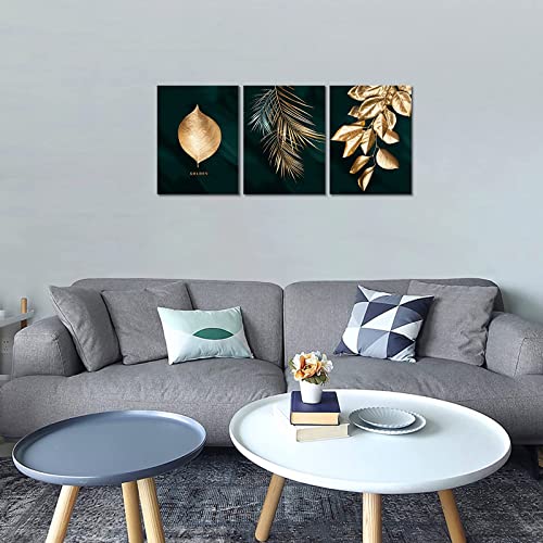 Sdmikeflax 3 Piece Modern Gold Botanical Wall Art for Bathrooms Living Room Bedroom Wall Decor Green Plant Canvas Printed Pictures, Multi Panel Framed Nature Artwork Ready to Hang, 12" x 16" x 3…