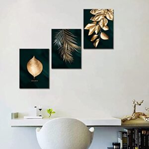 Sdmikeflax 3 Piece Modern Gold Botanical Wall Art for Bathrooms Living Room Bedroom Wall Decor Green Plant Canvas Printed Pictures, Multi Panel Framed Nature Artwork Ready to Hang, 12" x 16" x 3…