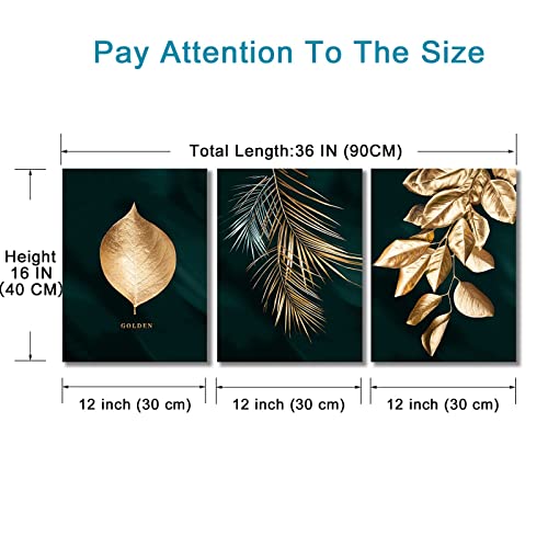 Sdmikeflax 3 Piece Modern Gold Botanical Wall Art for Bathrooms Living Room Bedroom Wall Decor Green Plant Canvas Printed Pictures, Multi Panel Framed Nature Artwork Ready to Hang, 12" x 16" x 3…