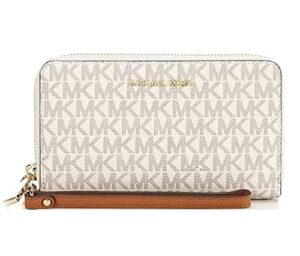 large logo and leather wristlet