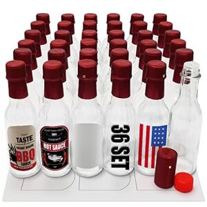 glass bottle, hot sauce bottles woozy bottles empty 5 oz 36 sets with shrink capsules, printable bottle labels, mini liquor bottles, small glass bottles sauce bottle mini wine bottles with lids red