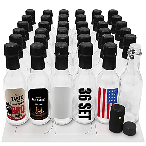 Glass Bottle, Hot Sauce Bottles Woozy bottles Empty 5 Oz 36 sets with Shrink Capsules Printable bottle labels, mini liquor bottles, Small glass bottles sauce bottle mini wine bottles with lids Black