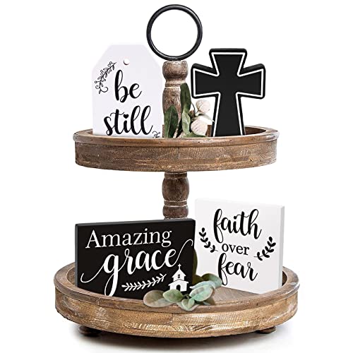 Zingoetrie Tiered Tray Decor Be Still Faith Over Fear Amazing Grace Wooden Cross Farmhouse Rustic Set of 4 Block Items Home Prayer Table Decor Wood Sign Gift Idea for Easter Religious Day Black White