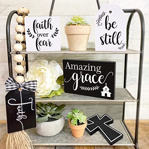 Zingoetrie Tiered Tray Decor Be Still Faith Over Fear Amazing Grace Wooden Cross Farmhouse Rustic Set of 4 Block Items Home Prayer Table Decor Wood Sign Gift Idea for Easter Religious Day Black White