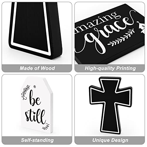 Zingoetrie Tiered Tray Decor Be Still Faith Over Fear Amazing Grace Wooden Cross Farmhouse Rustic Set of 4 Block Items Home Prayer Table Decor Wood Sign Gift Idea for Easter Religious Day Black White