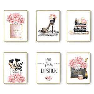 ievey pink wall decor prints（6pcs）, paris decor for bedroom,pink bathroom decor modern art posters,perfume lipstick makeup cuadros para baños artwork girls room