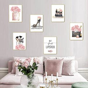 IEVEY Pink Wall Decor Prints（6pcs）, Paris Decor for Bedroom,Pink Bathroom Decor Modern Art Posters,Perfume Lipstick Makeup Cuadros Para Baños Artwork Girls Room