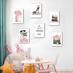 IEVEY Pink Wall Decor Prints（6pcs）, Paris Decor for Bedroom,Pink Bathroom Decor Modern Art Posters,Perfume Lipstick Makeup Cuadros Para Baños Artwork Girls Room