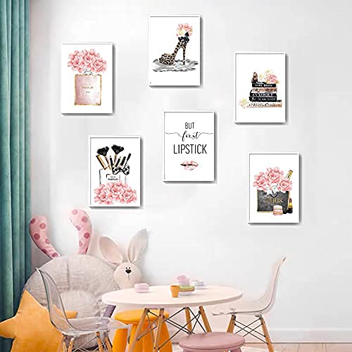 IEVEY Pink Wall Decor Prints（6pcs）, Paris Decor for Bedroom,Pink Bathroom Decor Modern Art Posters,Perfume Lipstick Makeup Cuadros Para Baños Artwork Girls Room