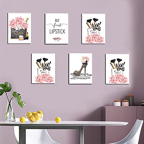 IEVEY Pink Wall Decor Prints（6pcs）, Paris Decor for Bedroom,Pink Bathroom Decor Modern Art Posters,Perfume Lipstick Makeup Cuadros Para Baños Artwork Girls Room