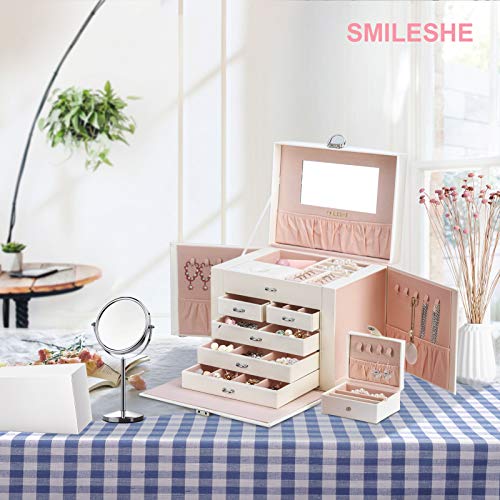 Smileshe Jewelry Box for Women Girls, PU Leather Large Storage Boxes with Portable Travel Case, Huge Lockable Display Organizer for Rings Earrings Necklaces Bracelets