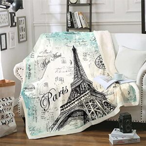 eiffel tower sherpa blanket women chic retro paris theme fleece throw blanket vintage paris cityscape plush blanket bedroom decor french teal fuzzy blanket twin 60″x80″