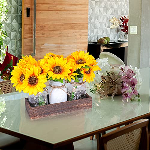 Fowecelt Mason Jar Lights Table Centerpiece Decoration for Dining Room Living Room Kitchen Table Decor Wood Tray with 3 Mason Jars Sunflower Farmhouse Coffee Centerpieces Table Decor