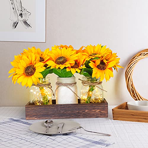 Fowecelt Mason Jar Lights Table Centerpiece Decoration for Dining Room Living Room Kitchen Table Decor Wood Tray with 3 Mason Jars Sunflower Farmhouse Coffee Centerpieces Table Decor