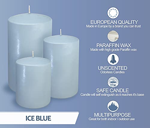 Hyoola Ice Blue Pillar Candles 2 x 3 Inch - 4 Pack Unscented Pillar Candles Bulk - European Made