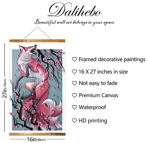 DALIHEBO Japanese Decor Wall Art - Fox And Sakura retro Poster Canvas Wall Art - For Living Room Bedroom Office Restaurant Magnetic Scroll Wooden Frame (16x27inch) Can Be Hung