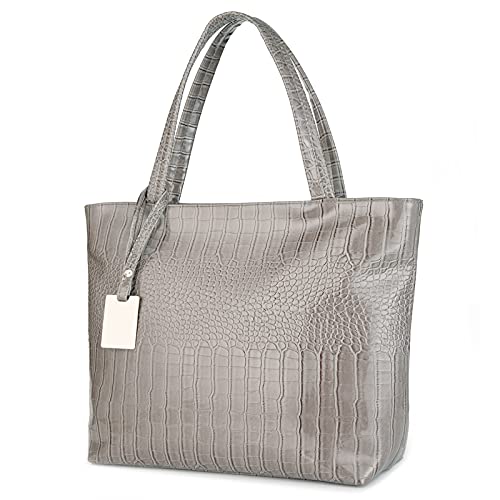 Womens Crocodile Large Tote Handbag Purse Shoulder Bag Travel Satchel Handbag (Gray)