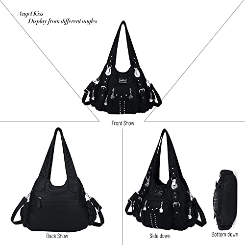 Angel Kiss Handbags for Women Soft PU Leather Large Hobo Bags for Ladies Top Handle Satchel Shoulder Bag Black