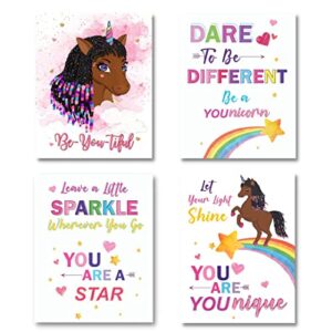 cute unicorn posters for girls room, unicorn decor for girls room, 4pc unframed 8×10, unicorn bedroom decor for girls, motivational wall art, unicorn pictures wall decor bundle w/ melani magic ebook