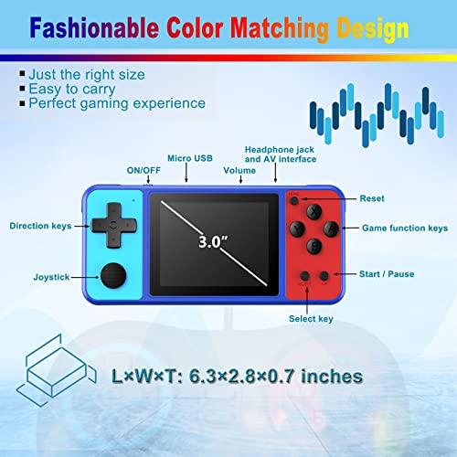 Great Boy Handheld Game Console for Kids Preloaded 270 Classic Retro Games with 3.0'' Color Display and Gamepad Rechargeable Arcade Gaming Player (Blue)