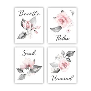 heilkee pink flower wall art bathroom grey wall decor relax soak unwind breathe wall pictures bathroom signs set of 4(unframed 8x10in)