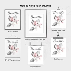 heilkee Pink Flower Wall Art Bathroom Grey Wall Decor Relax Soak Unwind Breathe Wall Pictures Bathroom Signs Set of 4(UNFRAMED 8x10in)