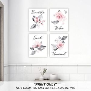 heilkee Pink Flower Wall Art Bathroom Grey Wall Decor Relax Soak Unwind Breathe Wall Pictures Bathroom Signs Set of 4(UNFRAMED 8x10in)