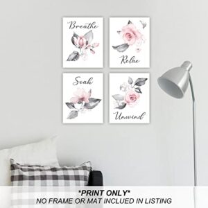 heilkee Pink Flower Wall Art Bathroom Grey Wall Decor Relax Soak Unwind Breathe Wall Pictures Bathroom Signs Set of 4(UNFRAMED 8x10in)