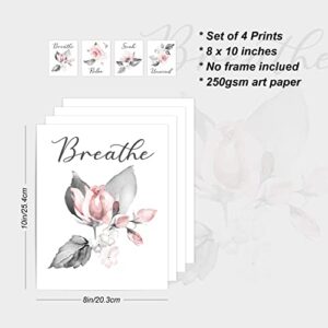 heilkee Pink Flower Wall Art Bathroom Grey Wall Decor Relax Soak Unwind Breathe Wall Pictures Bathroom Signs Set of 4(UNFRAMED 8x10in)